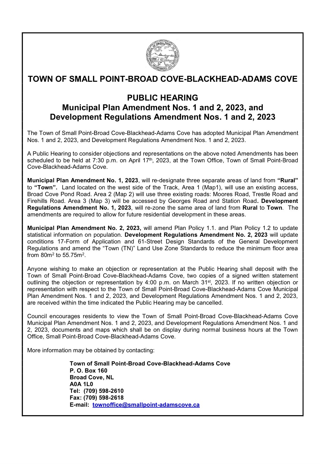 Public Hearing – Town of Small Point, Broad Cove, Blackhead , Adam's Cove