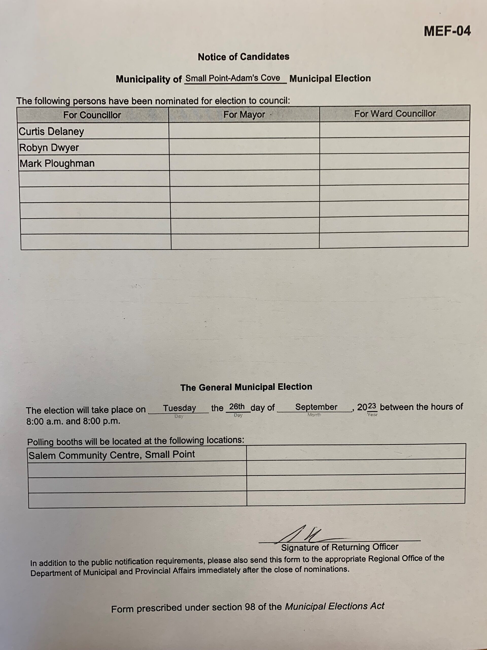 Notice of Candidates – Town of Small Point, Broad Cove, Blackhead ...